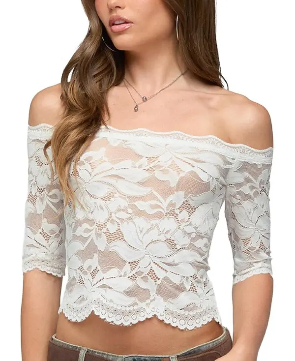 EDIKTED Dyna Off Shoulder Sheer Lace Top - Cream