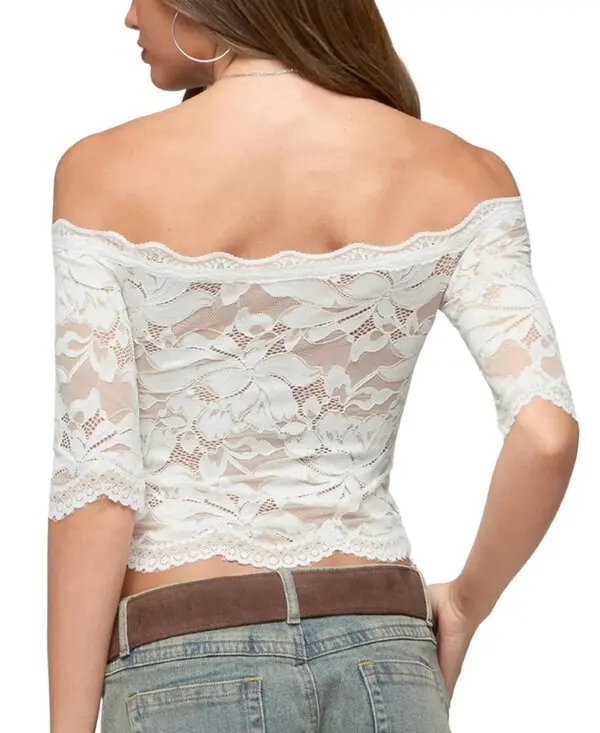 EDIKTED Dyna Off Shoulder Sheer Lace Top