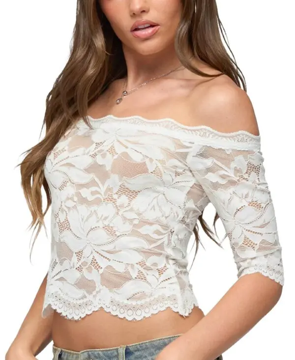 EDIKTED Dyna Off Shoulder Sheer Lace Top