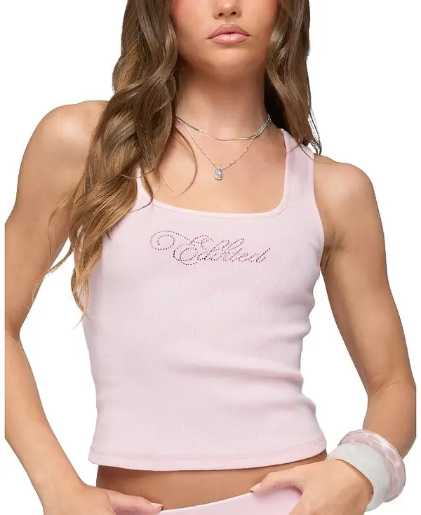 EDIKTED Studio Rhinestone Ribbed Tank Top - Light-pink
