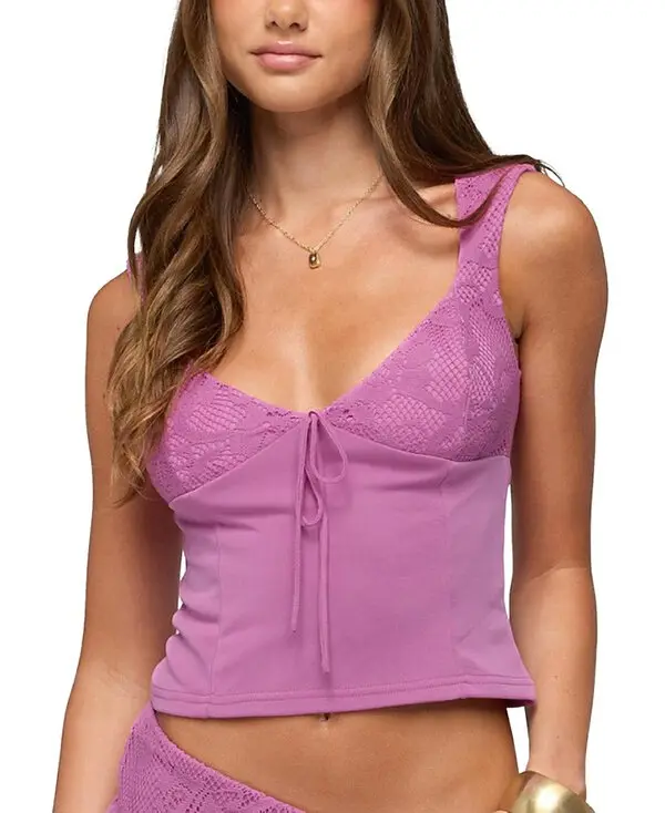 EDIKTED Vessa Lacey Tie Front Top - Pink