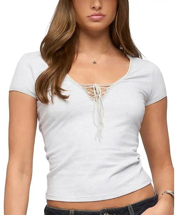 EDIKTED Balor Lace Up V Neck T-shirt - Gray-melange