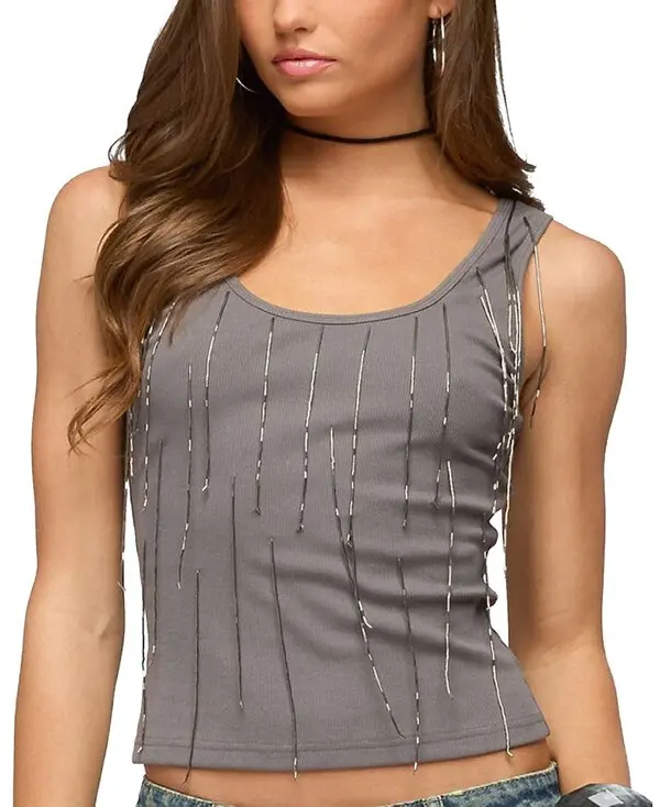 EDIKTED Beaded Fringe Ribbed Tank Top