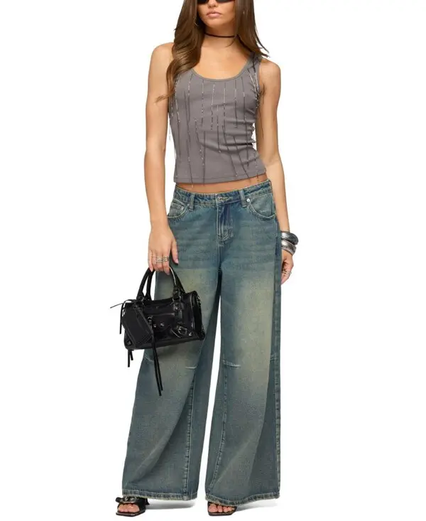 EDIKTED Beaded Fringe Ribbed Tank Top