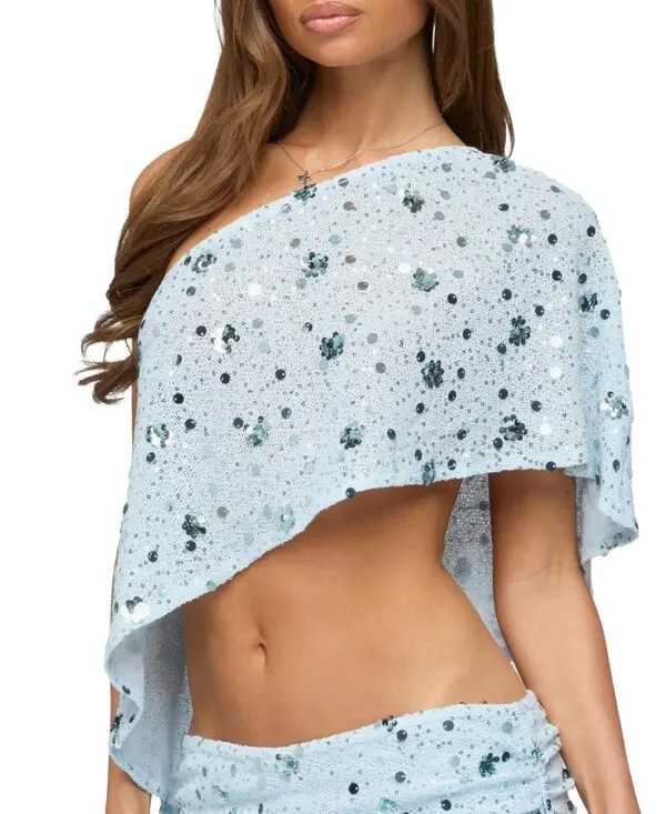 EDIKTED Zephyra One Shoulder Beaded Sequin Poncho