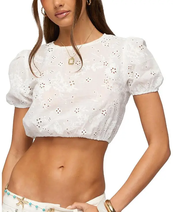 EDIKTED Vessey Eyelet Cropped Bubble Top - White