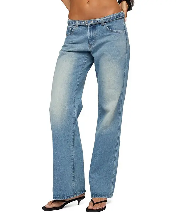 EDIKTED Belted Low Rise Straight Leg Jeans