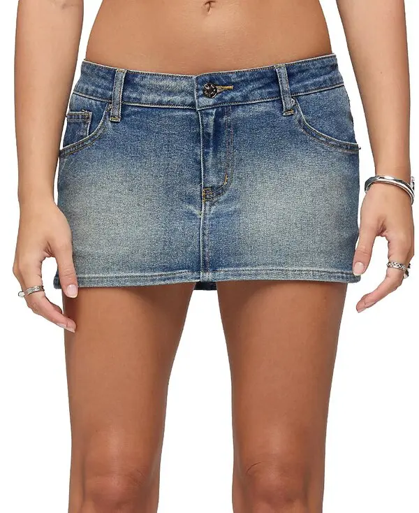 EDIKTED Seffie Low Rise Stretchy Denim Micro Skort - Blue-washed
