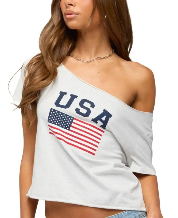 EDIKTED Usa Babe Off Shoulder T Shirt