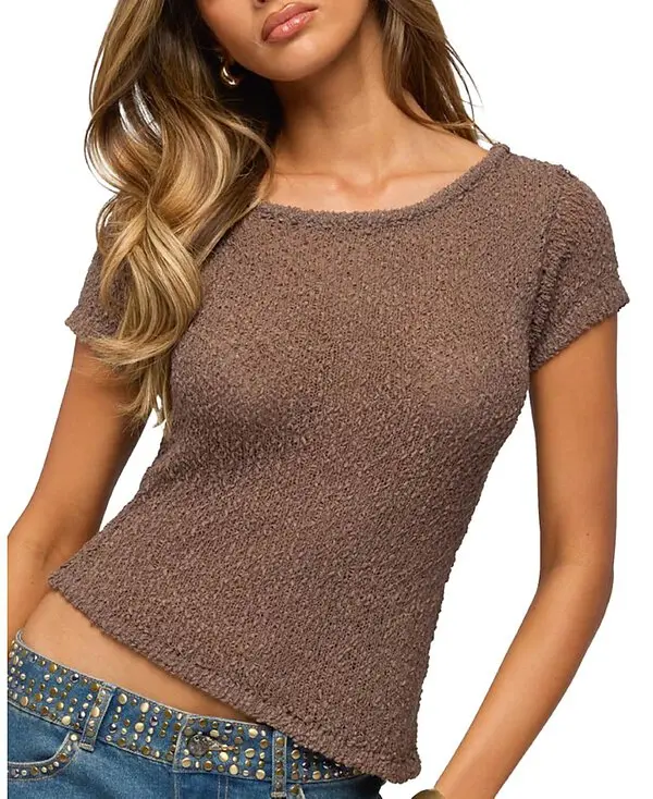 EDIKTED Sesi Asymmetric Textured Knit Top - Brown