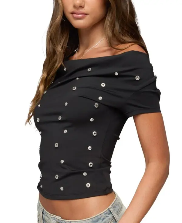EDIKTED Bijou Metal Snap Cowl Neck Top