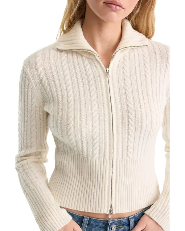 Good American The Wool Cashmere Cable Zip Up Sweater