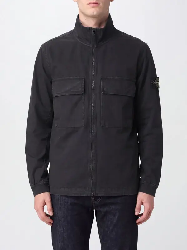 Stone Island Zip-up Jacket With Stand Collar And Dual Chest Pockets - Black