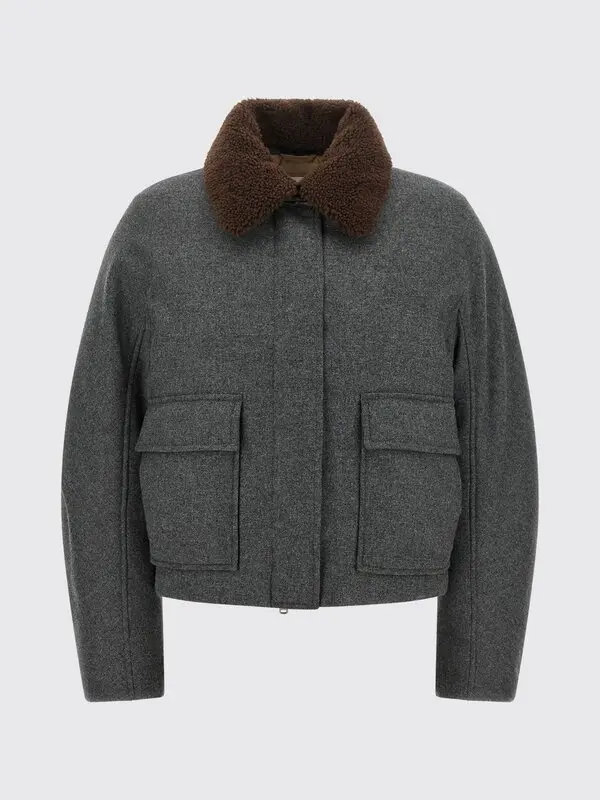 Brunello Cucinelli Short Virgin Wool And Cashmere Coat With Fur Collar - Grey
