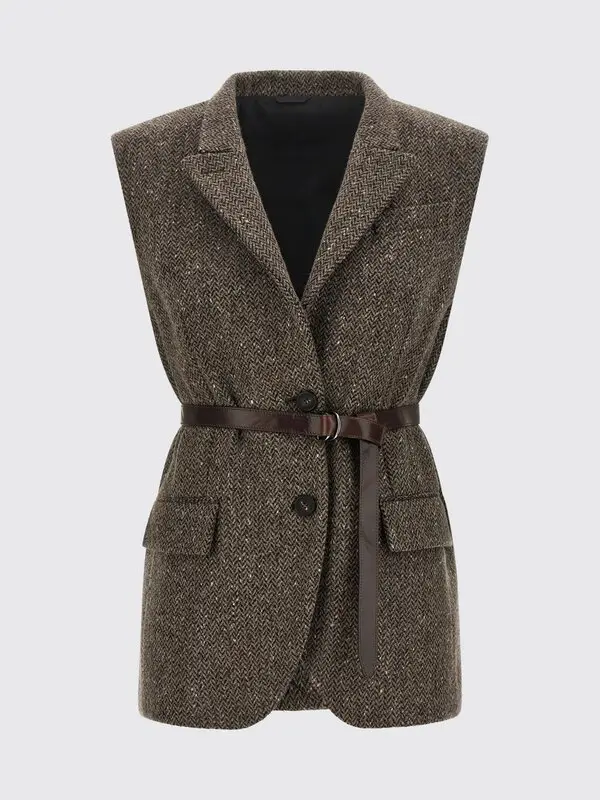 Brunello Cucinelli Chevron Wool Tailored Waistcoat With Belt