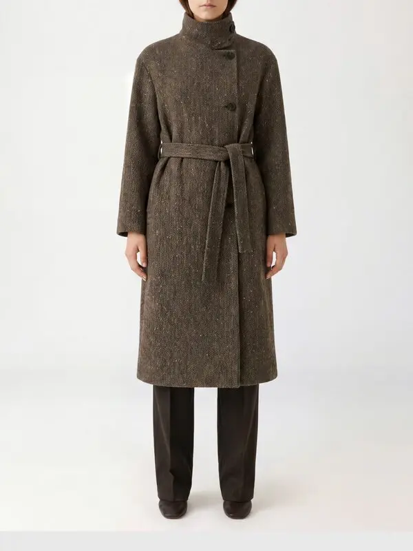 Brunello Cucinelli Chevron Wool Double-breasted Belted Coat