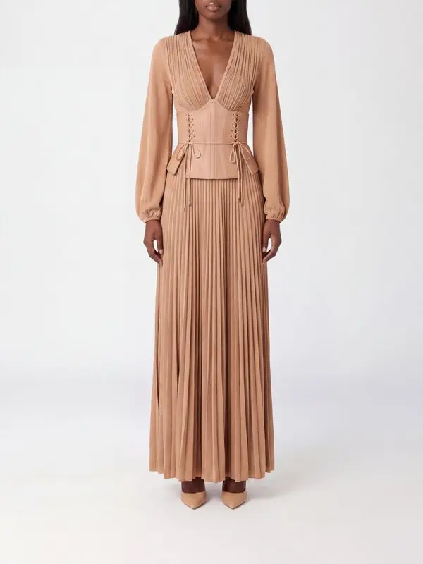 Elisabetta Franchi Long Sleeve V-neck Corset Gown - Beige