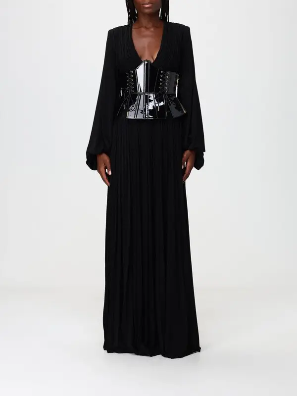 Elisabetta Franchi Long Sleeve V-neck Corset Gown - Black