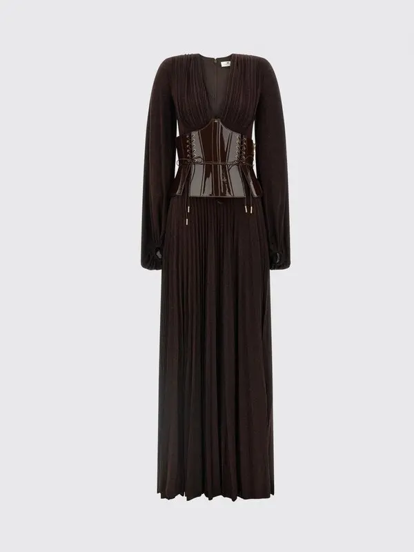 Elisabetta Franchi Long Sleeve V-neck Corset Gown - Brown