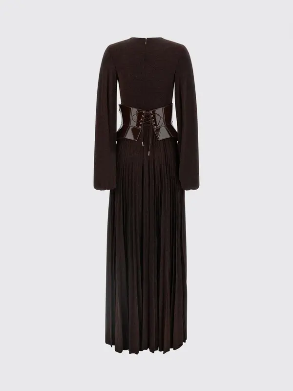 Elisabetta Franchi Long Sleeve V-neck Corset Gown - Brown