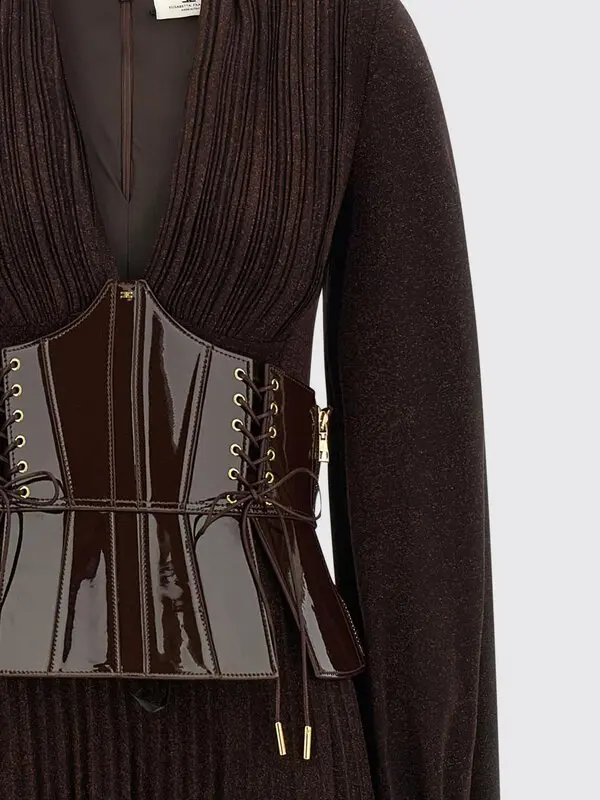 Elisabetta Franchi Long Sleeve V-neck Corset Gown - Brown