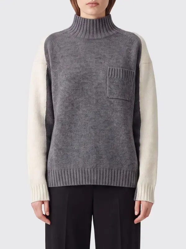 SEMICOUTURE Ribbed High Neck Sweater With Pocket Detail - Grey