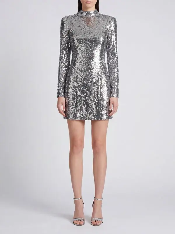 Balmain Embellished Sequined High Neck Mini Dress - Silver