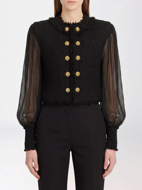 Balmain Cropped Tweed Spencer Jacket With Puff Sleeves And Frayed Details