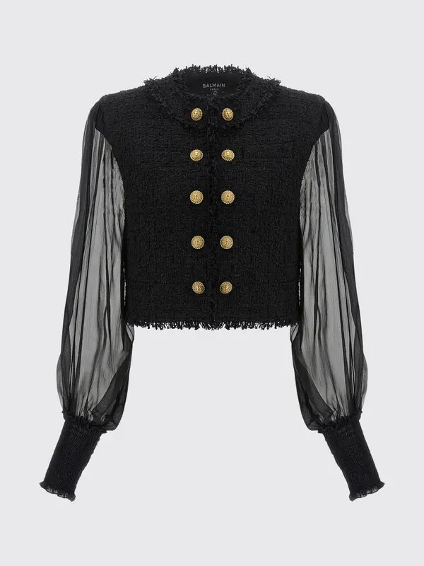 Balmain Cropped Tweed Spencer Jacket With Puff Sleeves And Frayed Details