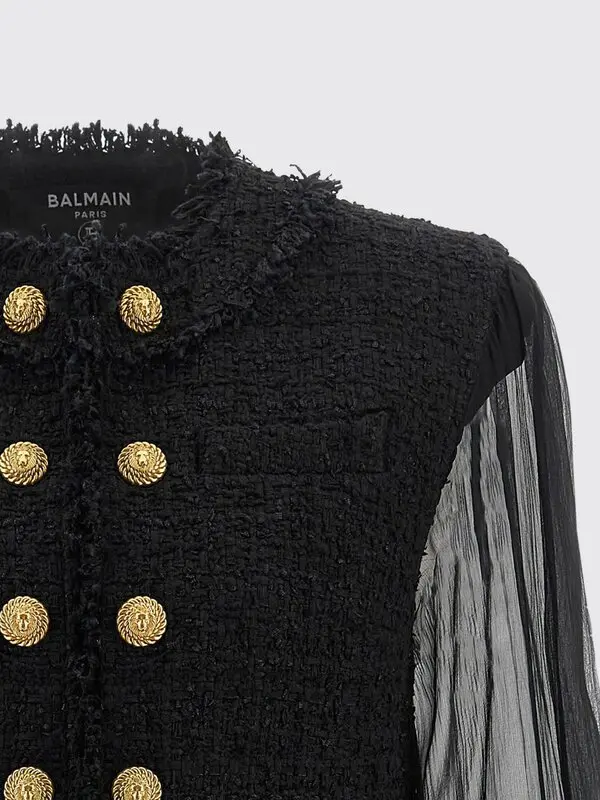 Balmain Cropped Tweed Spencer Jacket With Puff Sleeves And Frayed Details
