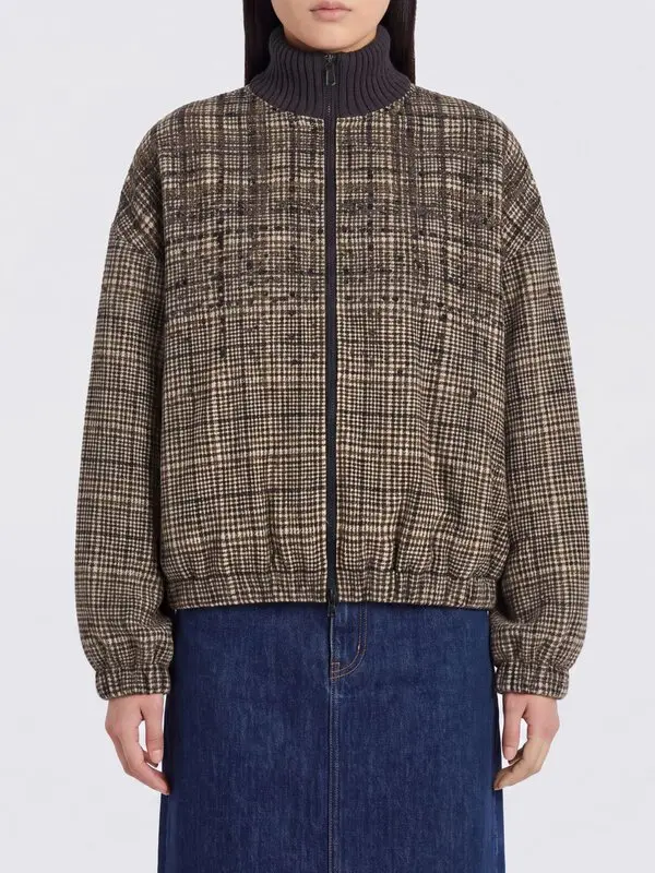 Brunello Cucinelli Relaxed Fit Sequined Prince Of Wales Check Wool Bomber Jacket