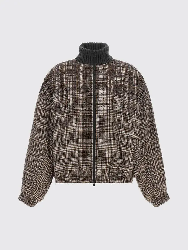 Brunello Cucinelli Relaxed Fit Sequined Prince Of Wales Check Wool Bomber Jacket
