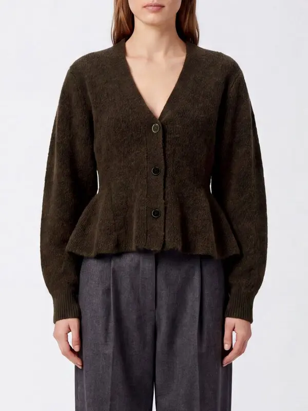ROTATE BY BIRGER CHRISTENSEN V-neck Alpaca Wool Blend Cardigan With Ruffled Hem