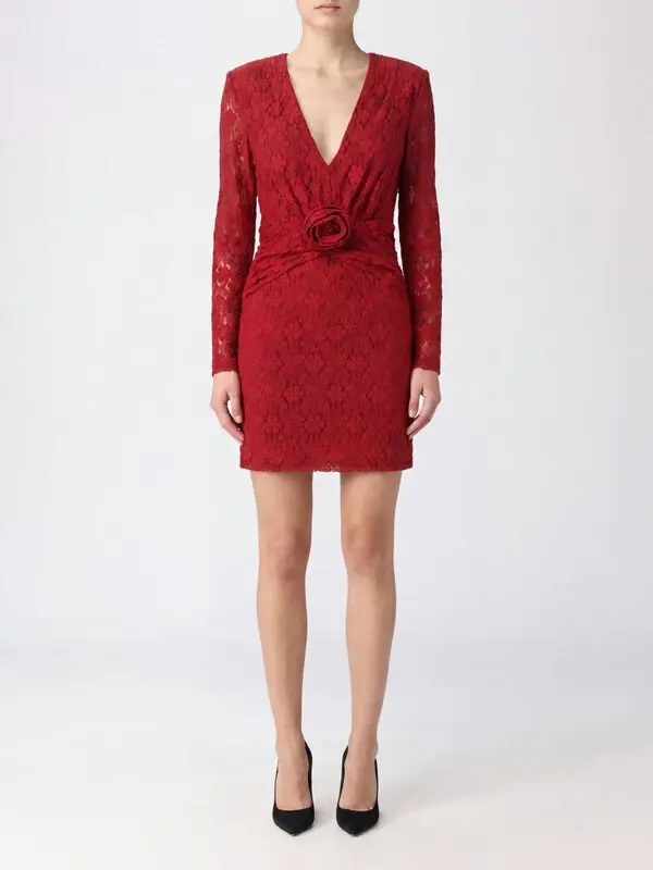 ROTATE BY BIRGER CHRISTENSEN Lace Rose Embellished V-neck Mini Dress - Red
