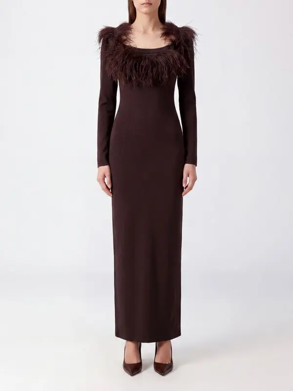 Attico Feather-embellished Leather Long Evening Gown