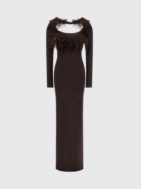 Attico Feather-embellished Leather Long Evening Gown