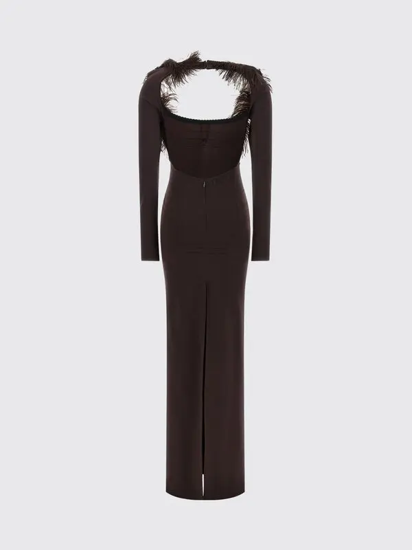 Attico Feather-embellished Leather Long Evening Gown