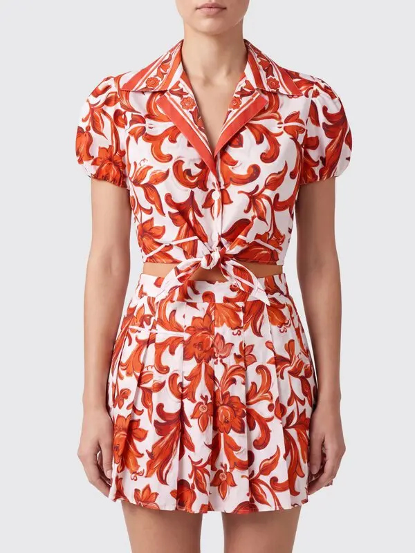 Dolce & Gabbana Majolica Print Cropped Cotton Shirt With Front Tie