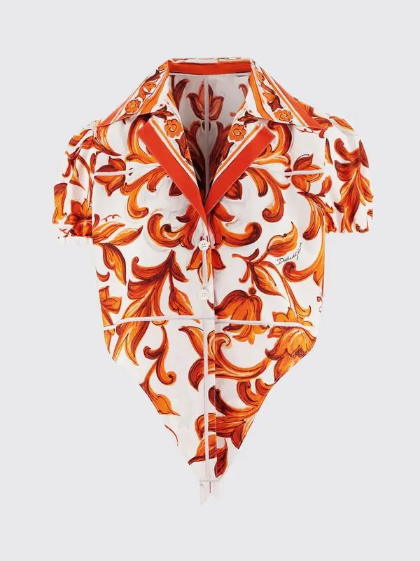Dolce & Gabbana Majolica Print Cropped Cotton Shirt With Front Tie