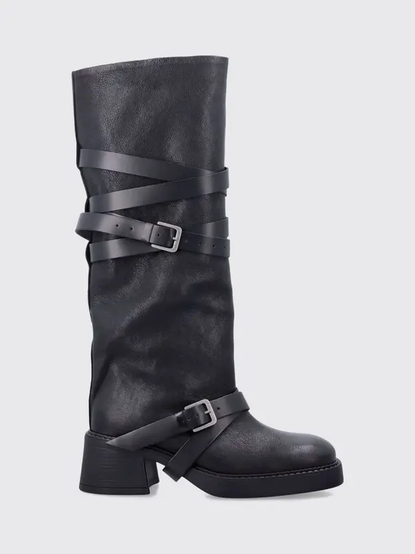 MIISTA Knee-high Strapped Cowhide Biker Boots