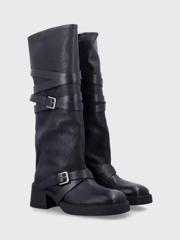 MIISTA Knee-high Strapped Cowhide Biker Boots