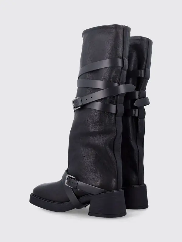 MIISTA Knee-high Strapped Cowhide Biker Boots