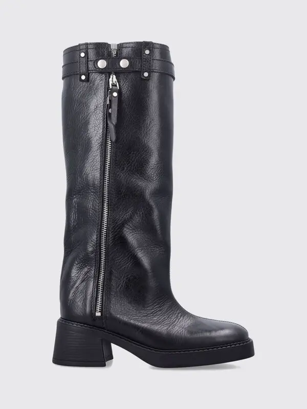 MIISTA Knee-high Leather Biker Boots With Side Zip