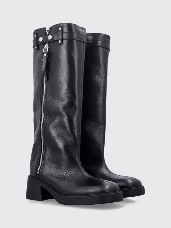 MIISTA Knee-high Leather Biker Boots With Side Zip