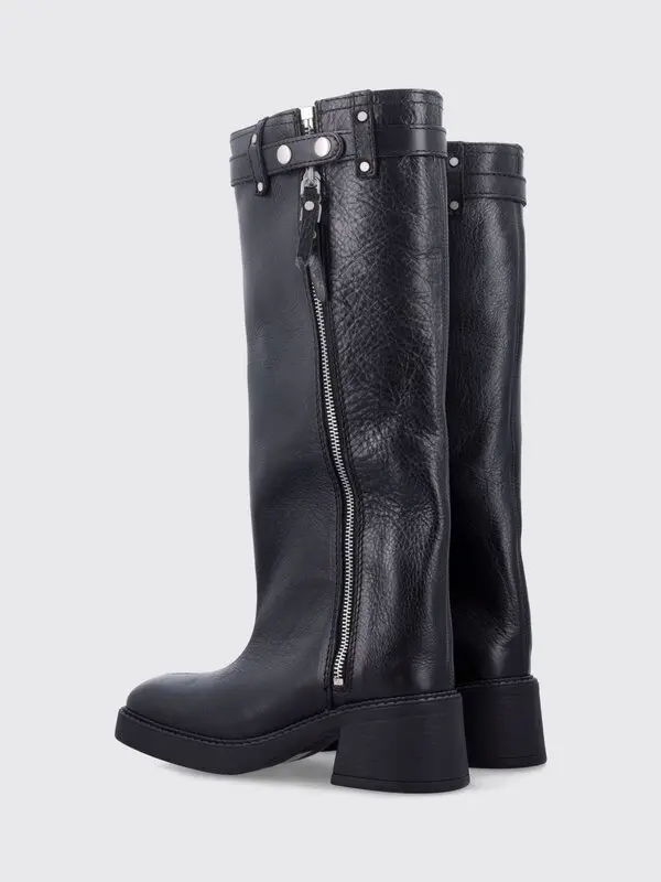 MIISTA Knee-high Leather Biker Boots With Side Zip