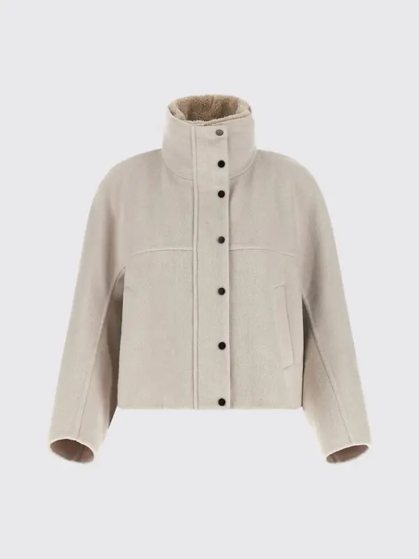 Brunello Cucinelli Wool And Cashmere Short Coat With High Neck And Monili Embroidery