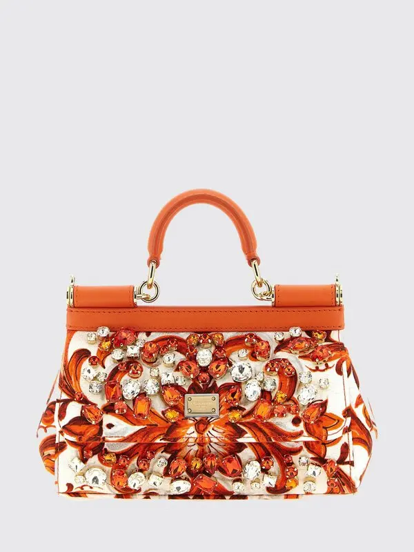 Dolce & Gabbana Sicily Mini Calfskin Leather Bag With Maiolica Print And Crystals - Orange