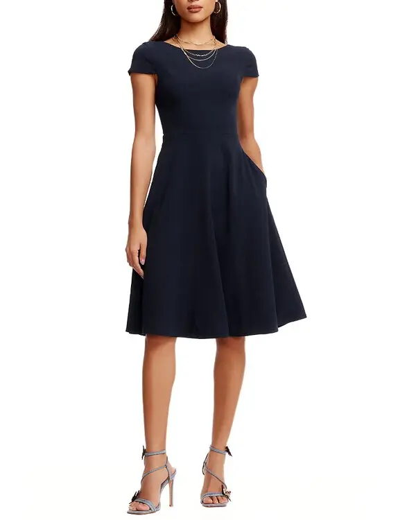 Dress The Population Livia Cap Sleeve Fit And Flare Midi Dress - Midnight Blue