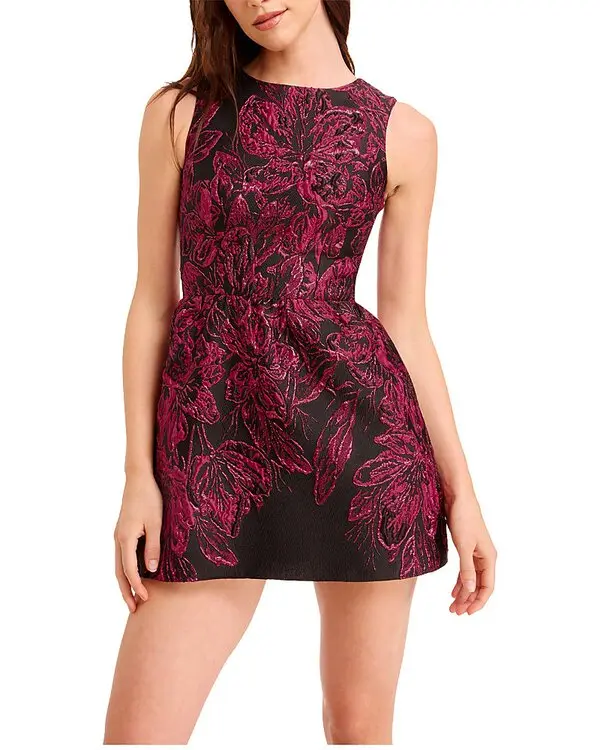 Dress The Population Jackie High Neck Floral Jacquard Fit And Flare Mini Dress - Fuchsia Multi