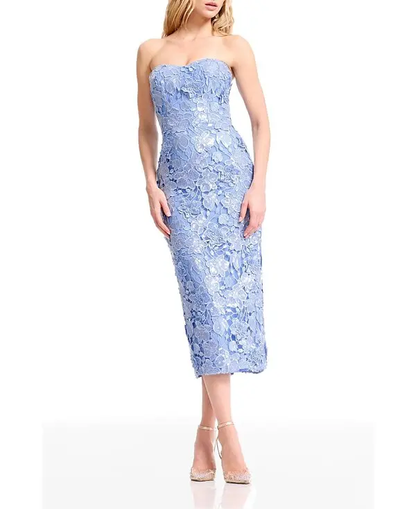 Dress The Population Shailene Strapless Sweetheart Lace Midi Dress - Sky